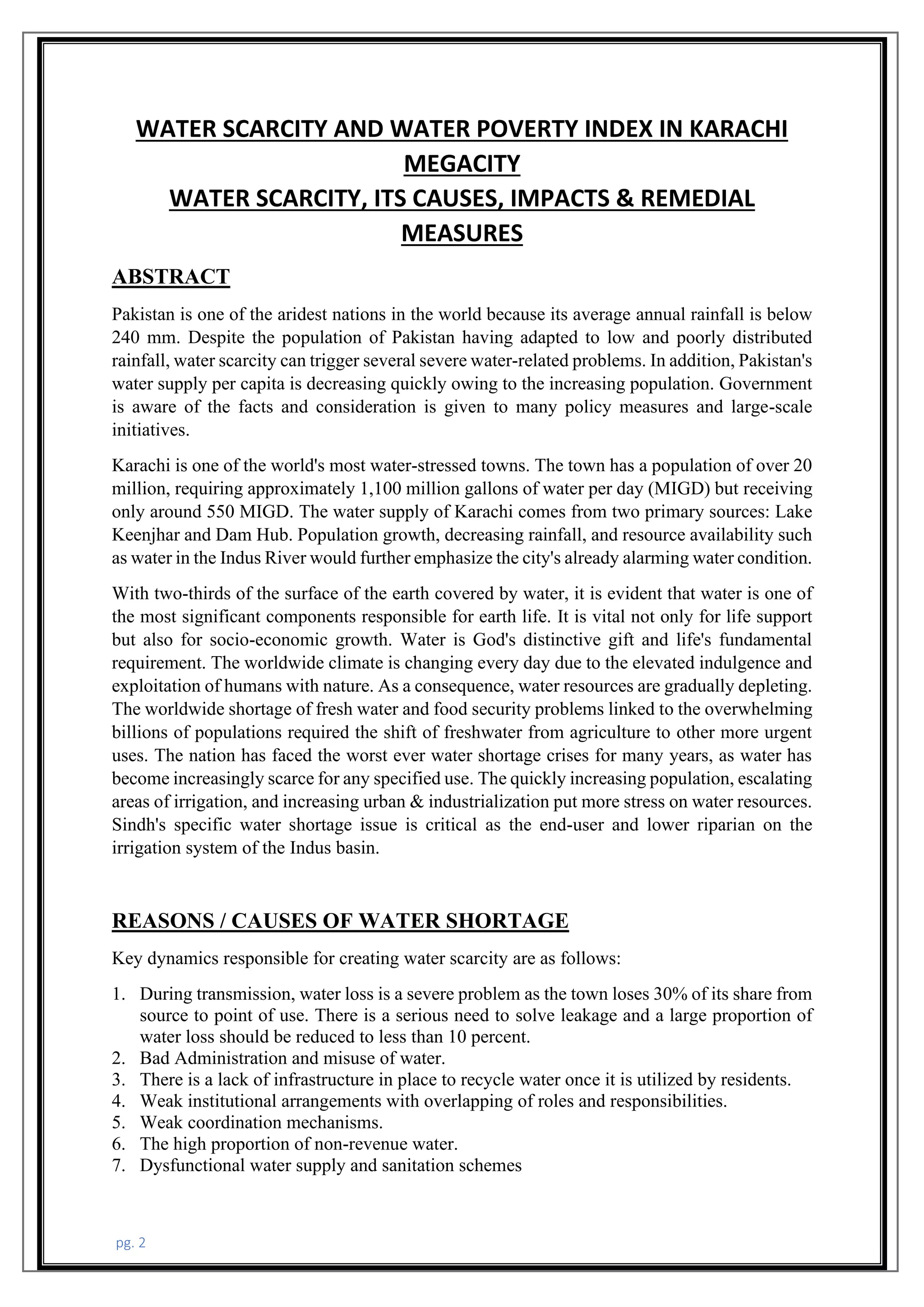 Water scarcity and water poverty index in Karachi megacity | PDF