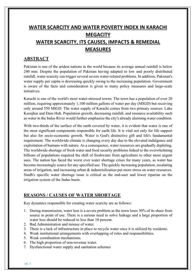 Water scarcity and water poverty index in Karachi megacity | PDF