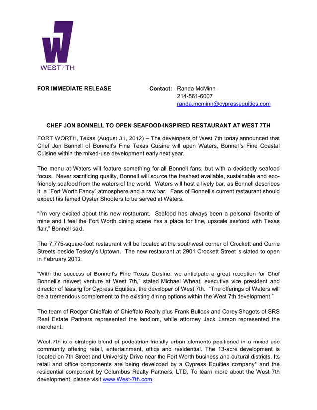 Chef Jon Bonnell to Open Seafood-Inspired Restaurant at West 7th | PDF ...
