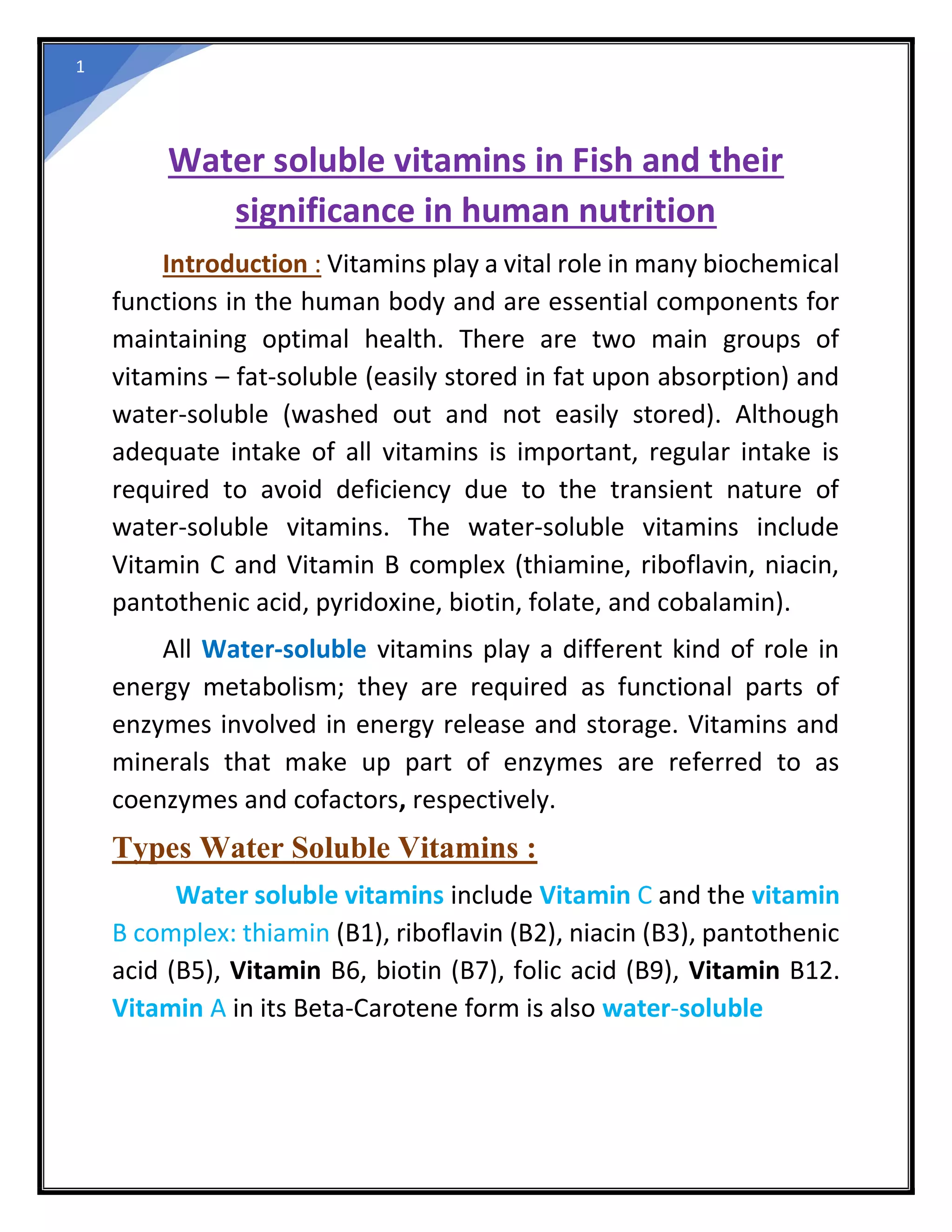 Water soluble vitamins in fish and their signification in human | PDF