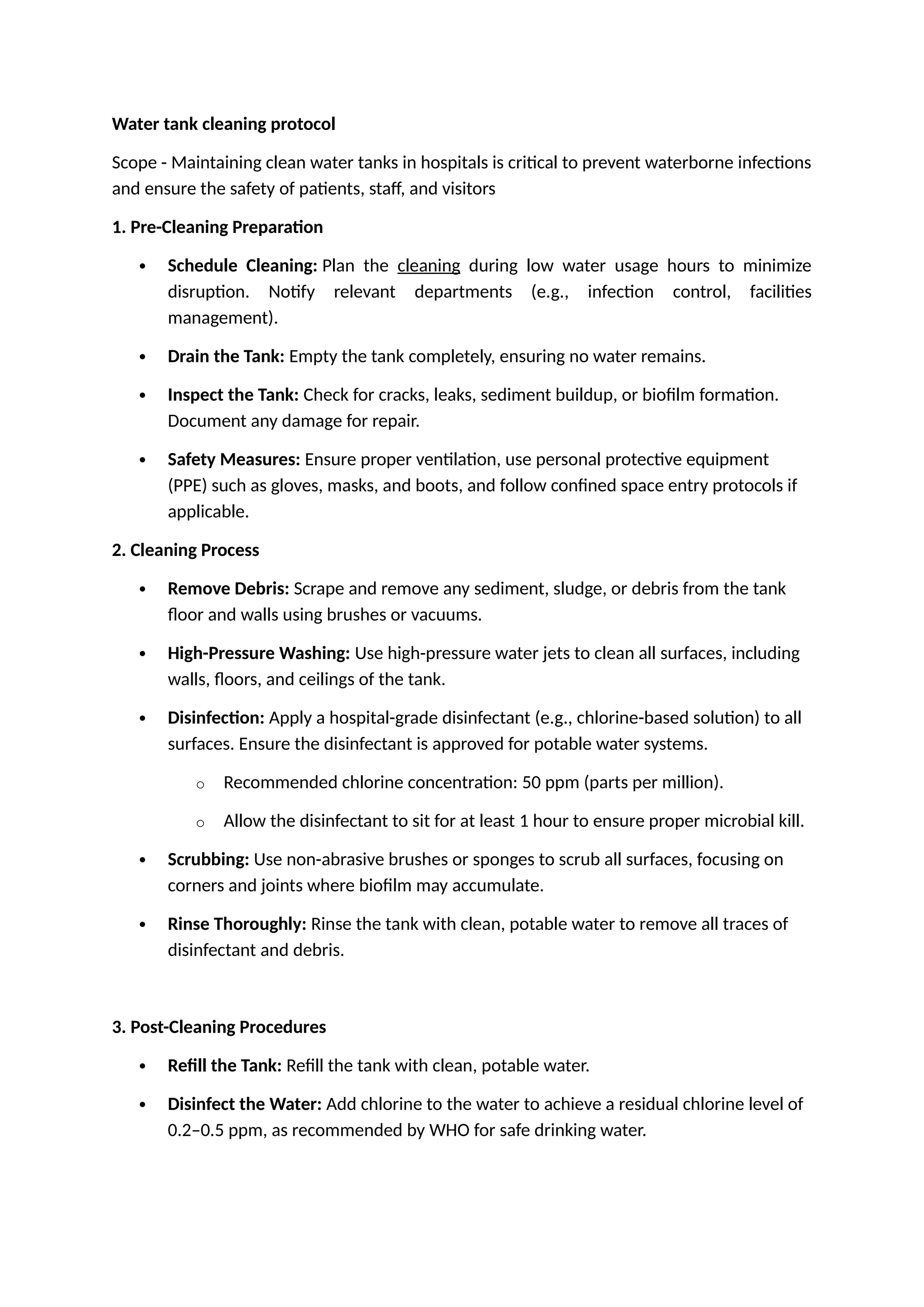 quaterly Water tank cleaning protocol for hospitals | DOCX