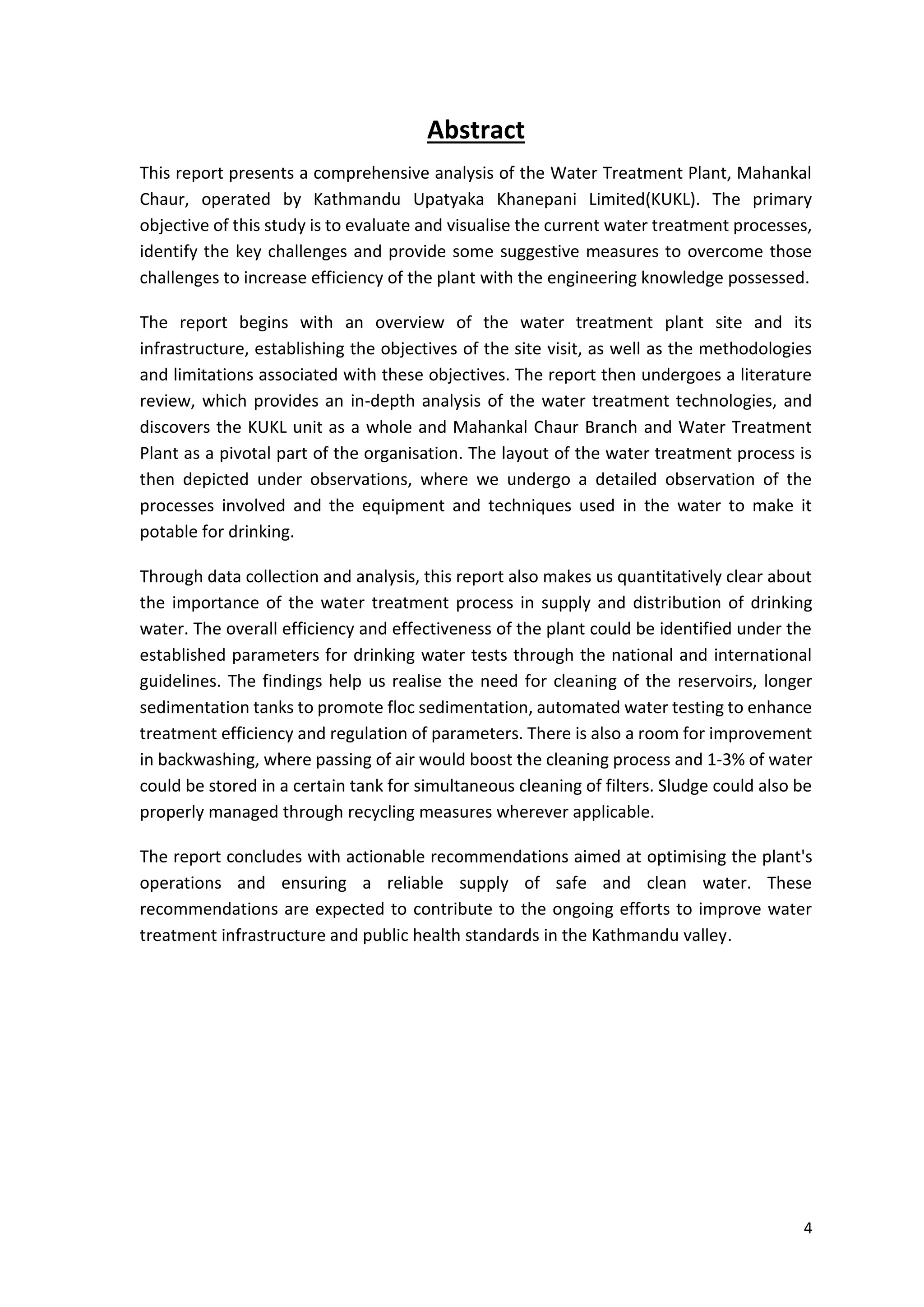 A Field Visit Report to Water Treatment Plant, KUKL Mahankal | PDF