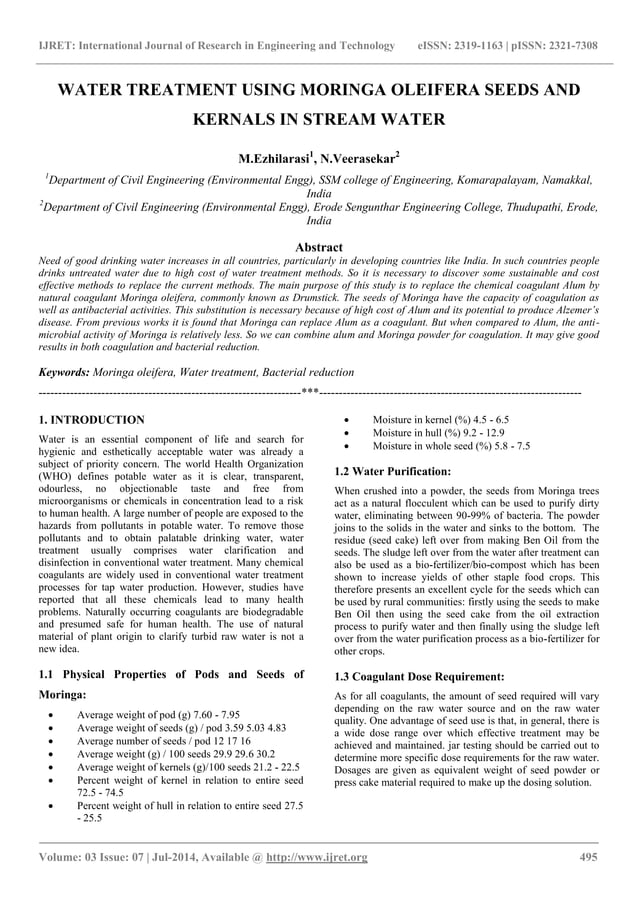 Water treatment using moringa oleifera seeds and kernals in stream water | PDF | Indoor ...