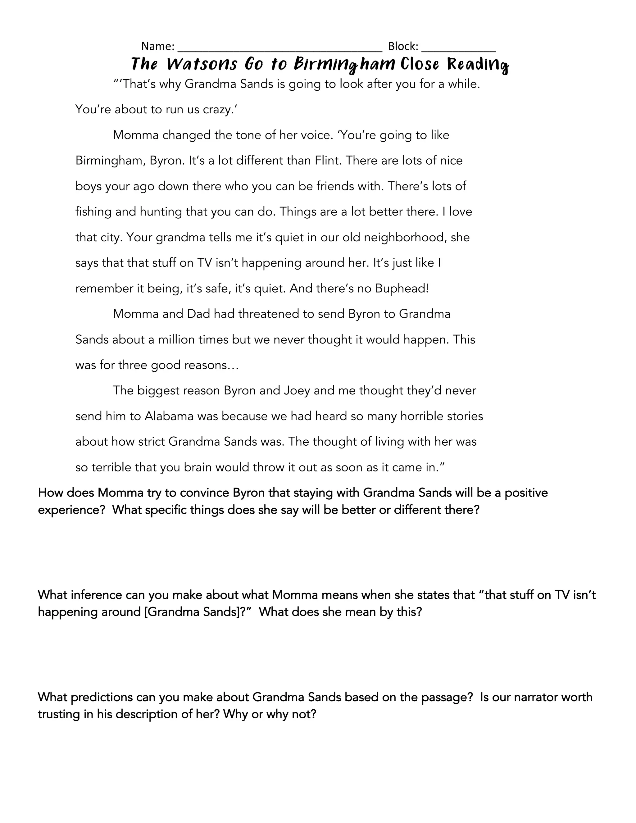 "Watsons" Close Reading | PDF