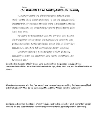 "Watsons" Close Reading | PDF