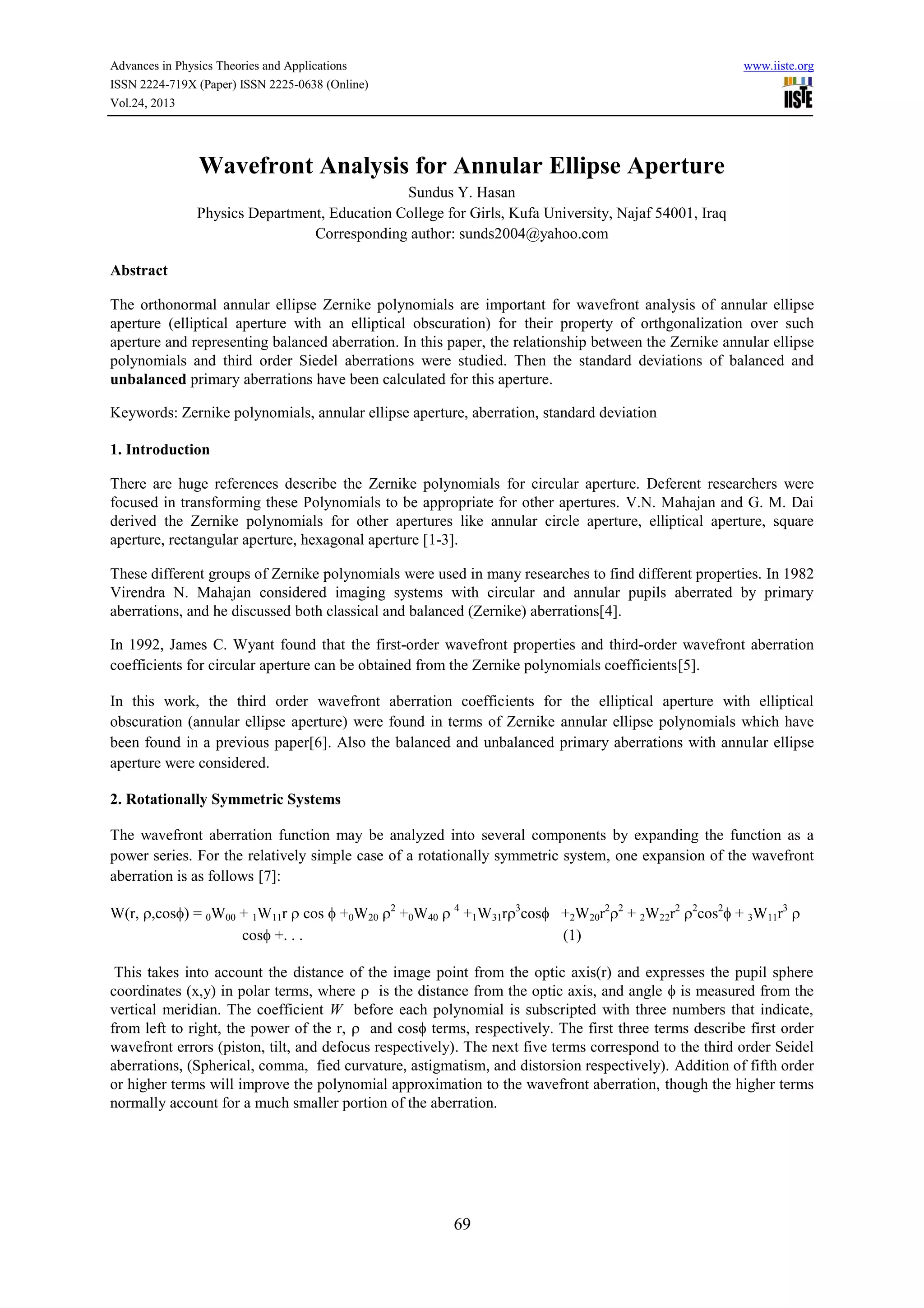 Wavefront analysis for annular ellipse aperture | PDF