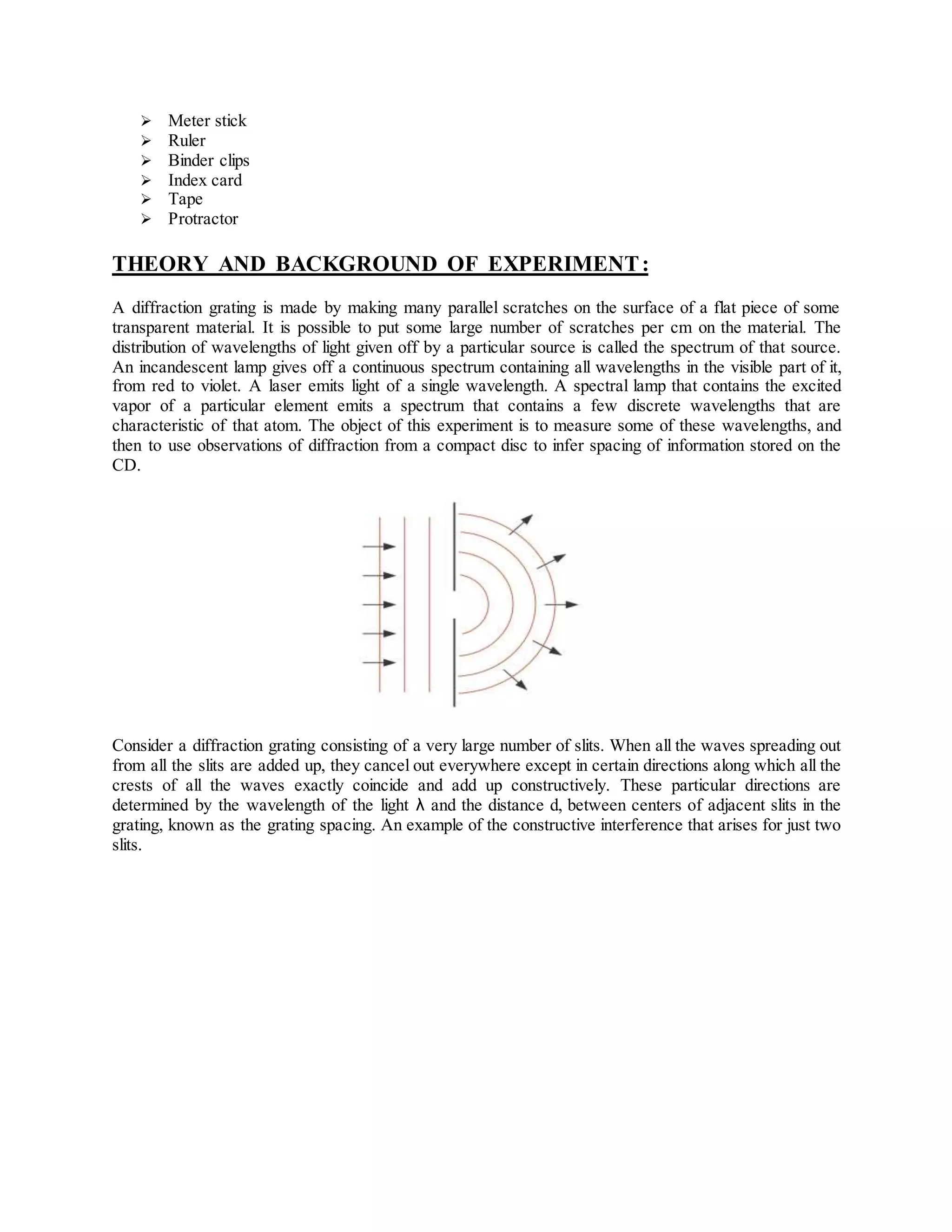 Wavelength of light using diffraction gratting . | DOCX