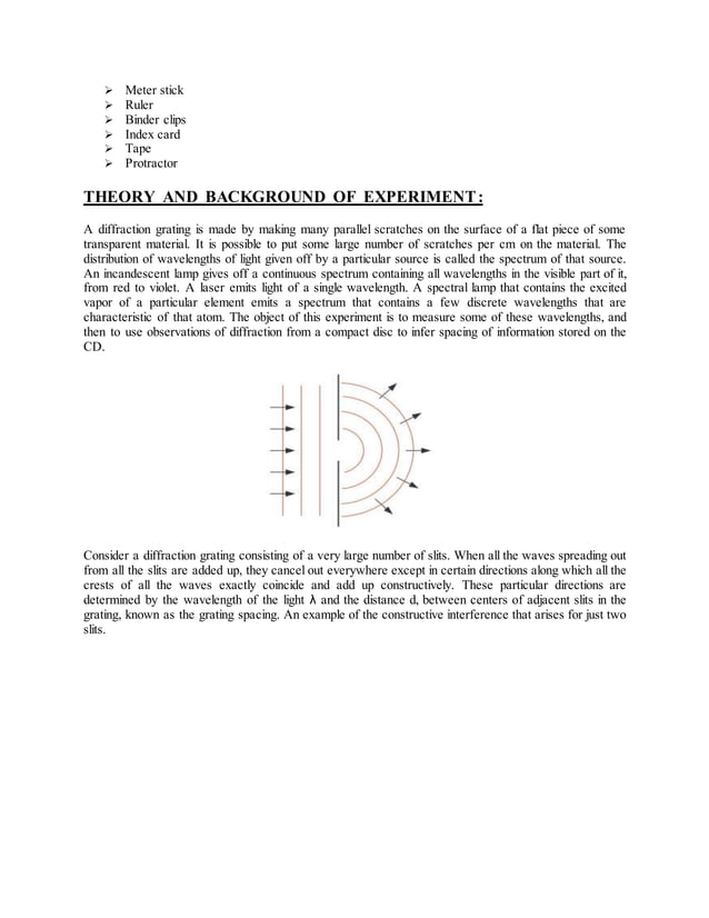 Wavelength of light using diffraction gratting . | DOCX | Physics | Science
