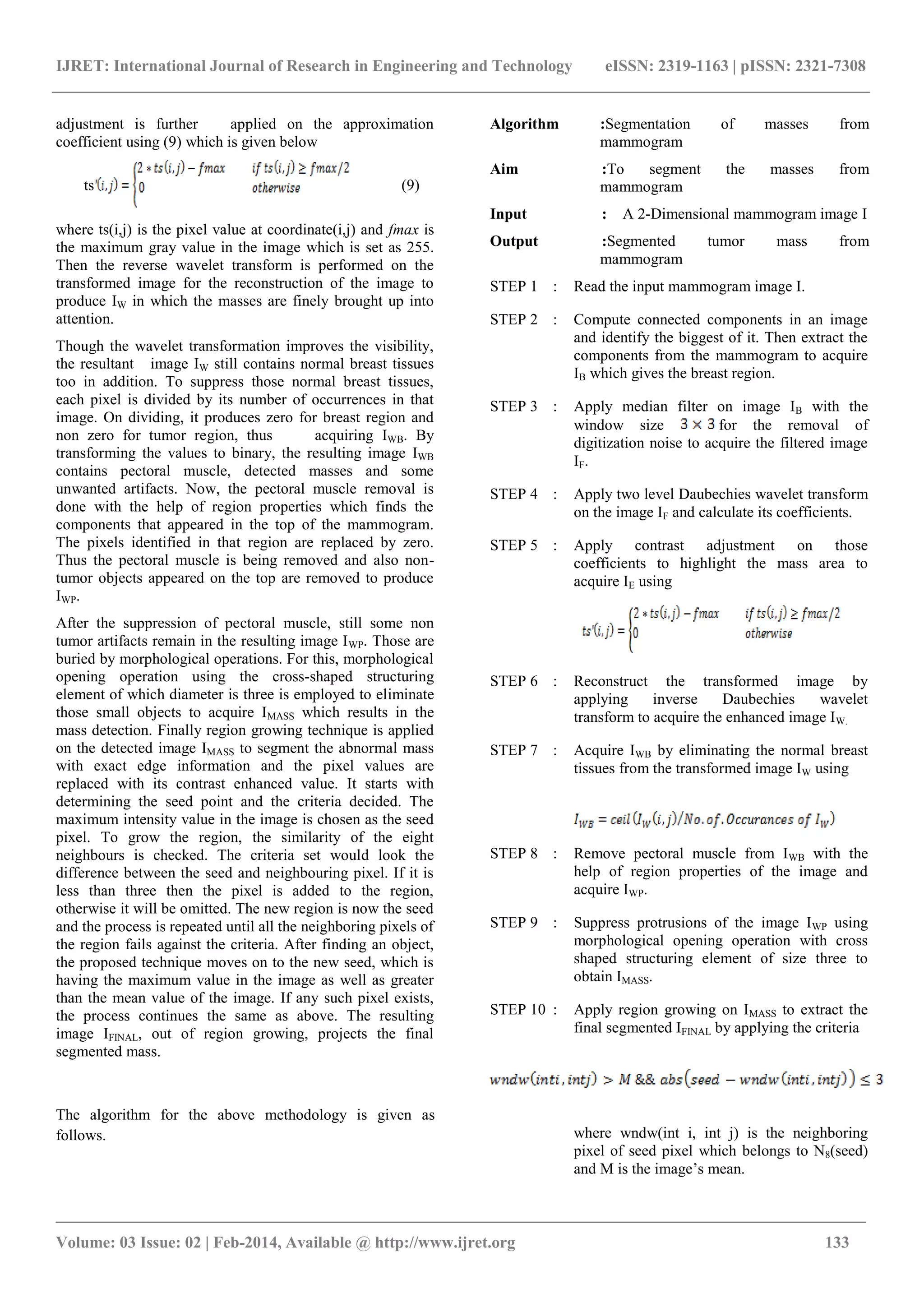 Wavelet Transformation Based Detection Of Masses In Digital Mammograms