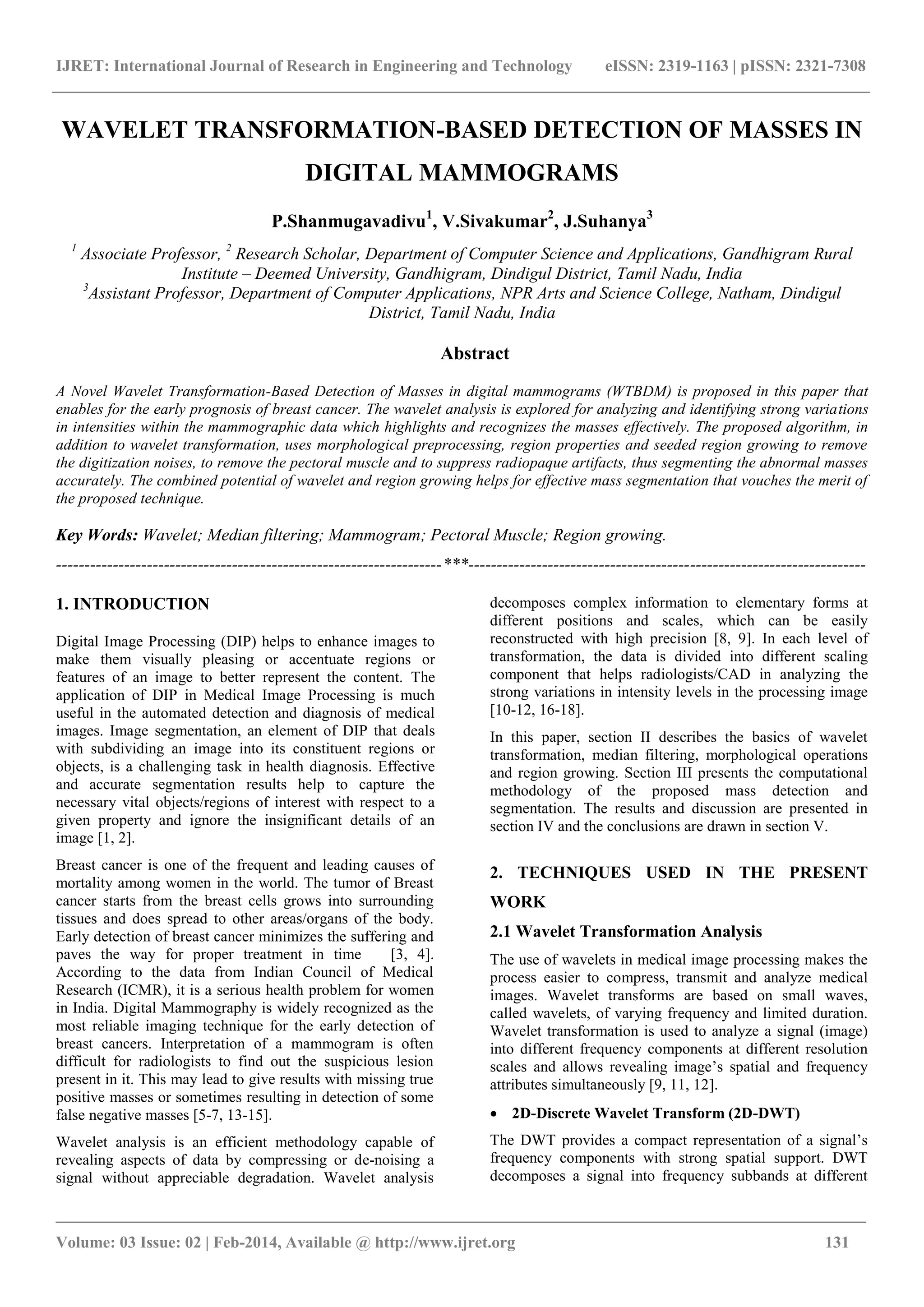 Wavelet Transformation Based Detection Of Masses In Digital Mammograms