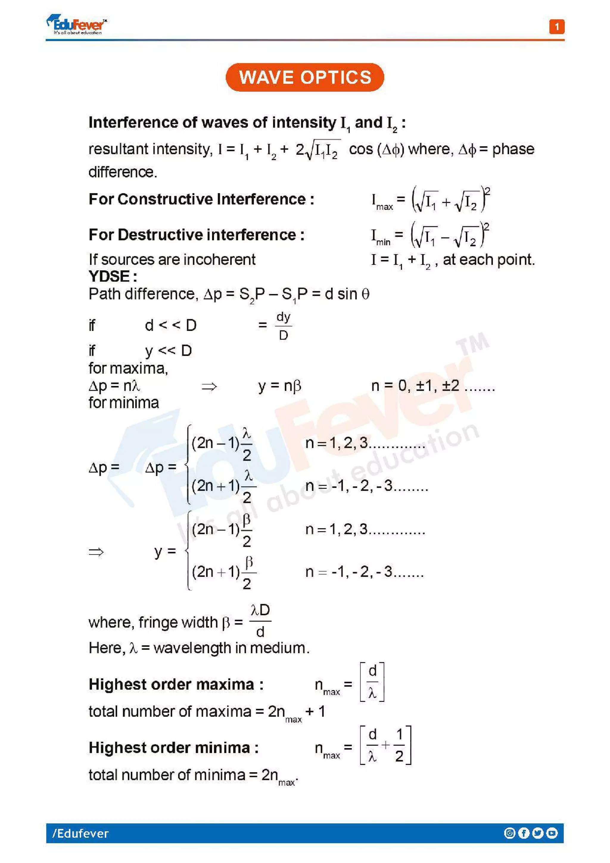 Wave Optics - Physics Revision Notes | PDF