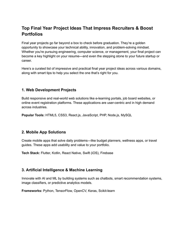 Best Final Year Project Ideas for Students | PDF