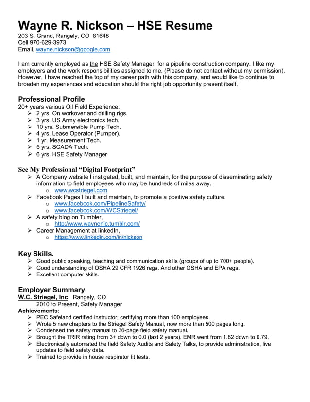 Wayne nickson, HSE Resume | PDF
