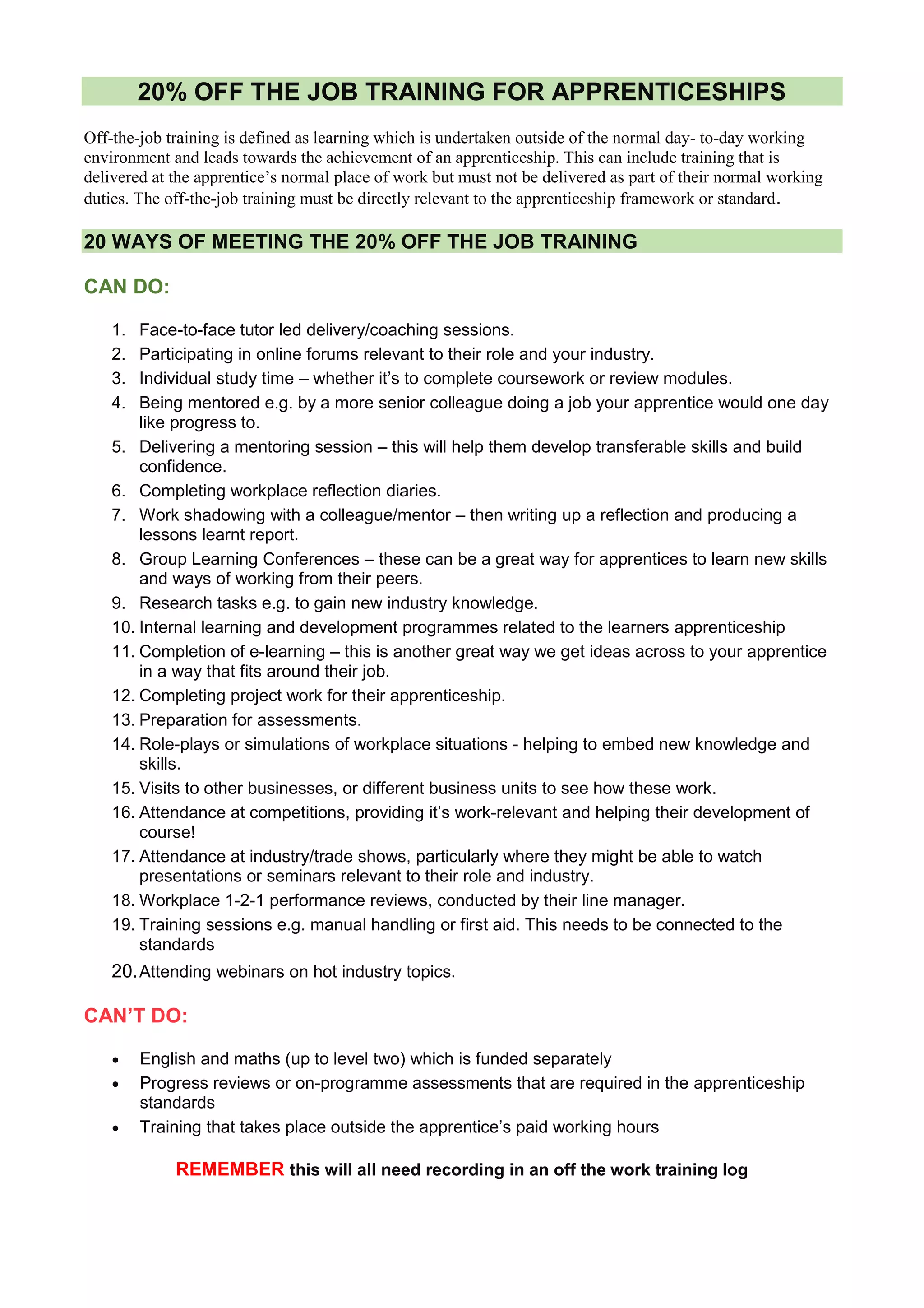 Meeting the 20% Apprenticeships off the Job Training requirement | PDF