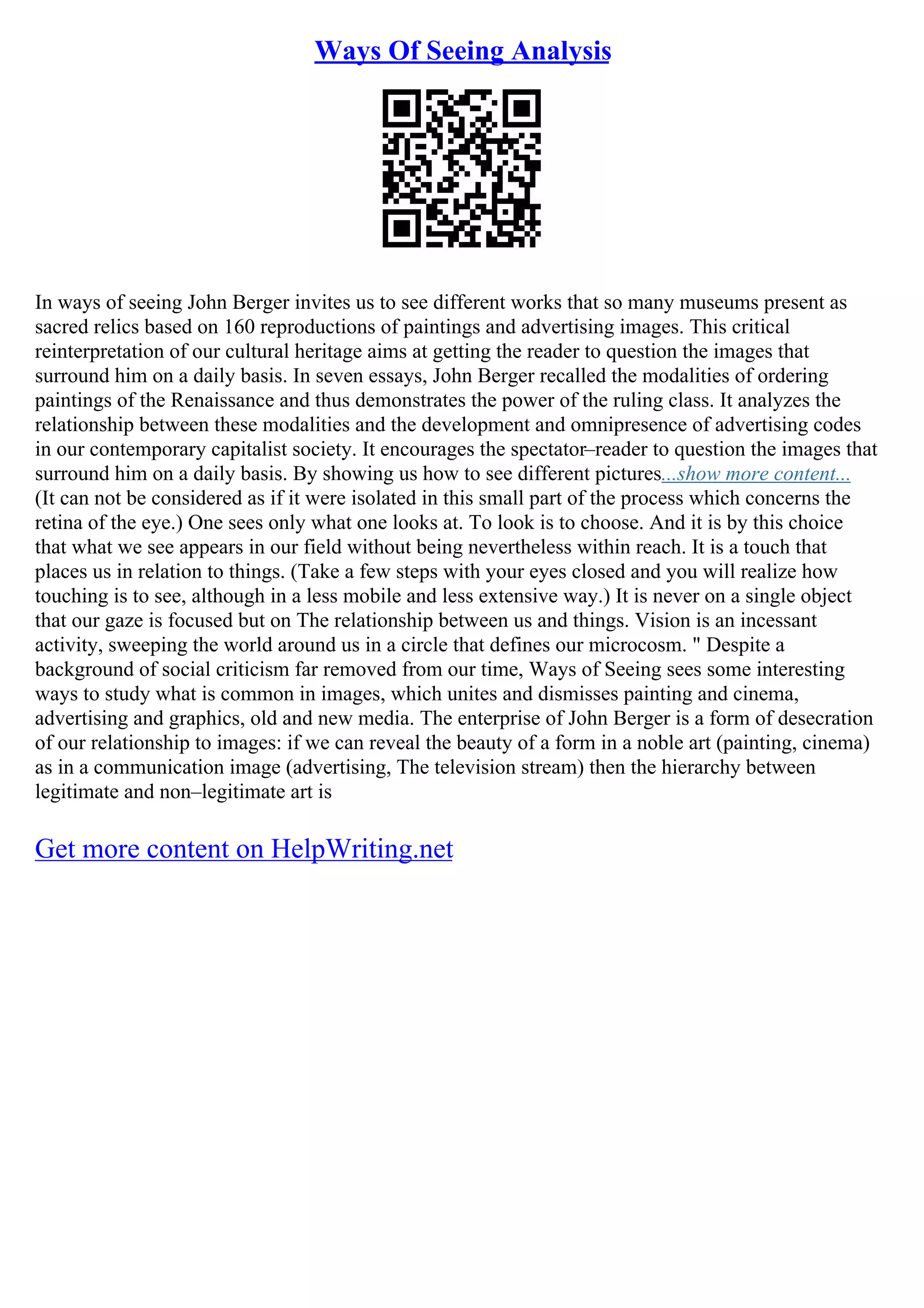 Ways Of Seeing Analysis | PDF