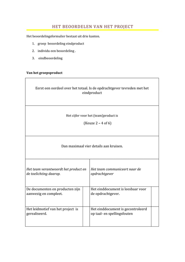 Beoordeling formulier project | DOC | Educational Assessment | Education
