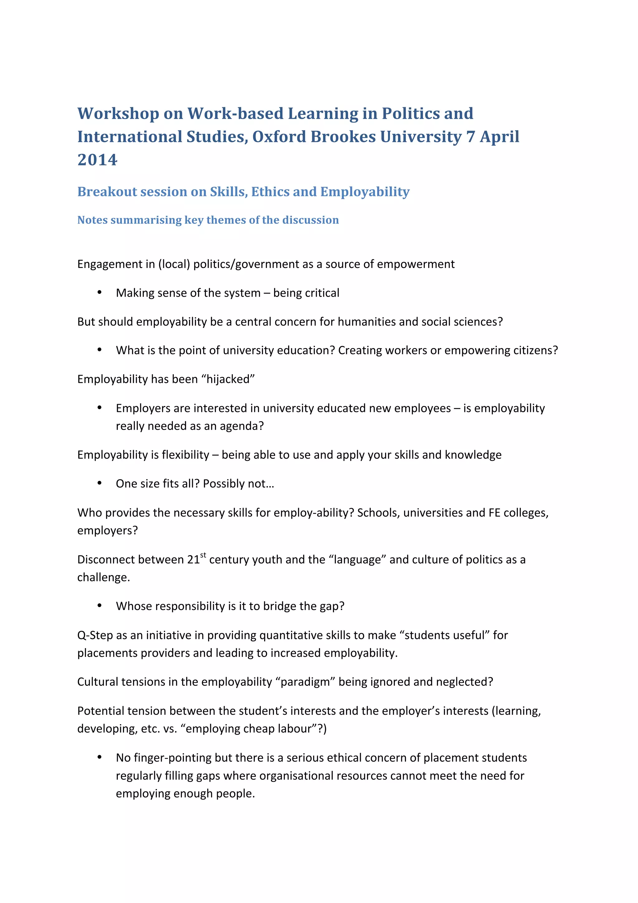 Notes summarising key themes of the discussion during the breakout ...