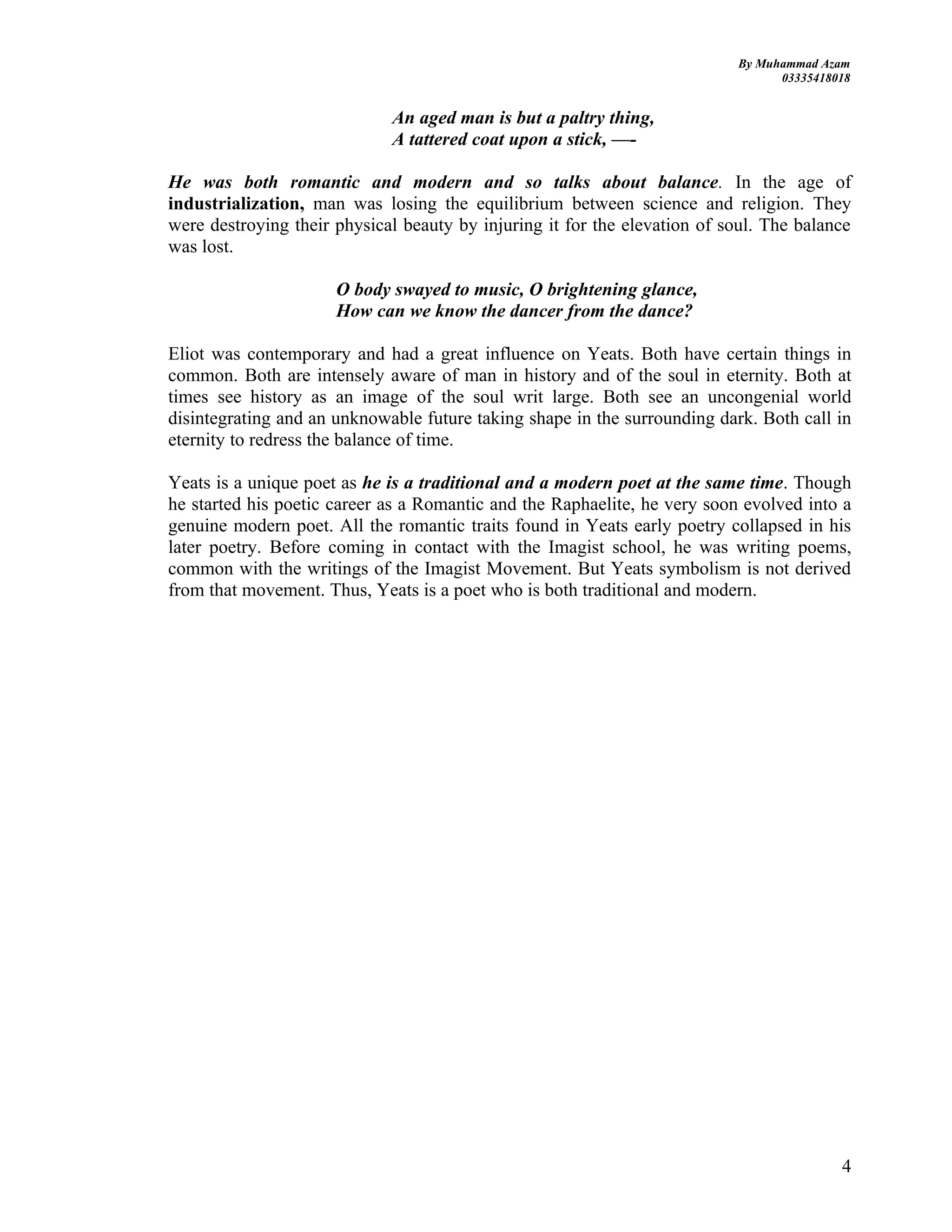 W b yeats as a modern poet | DOC