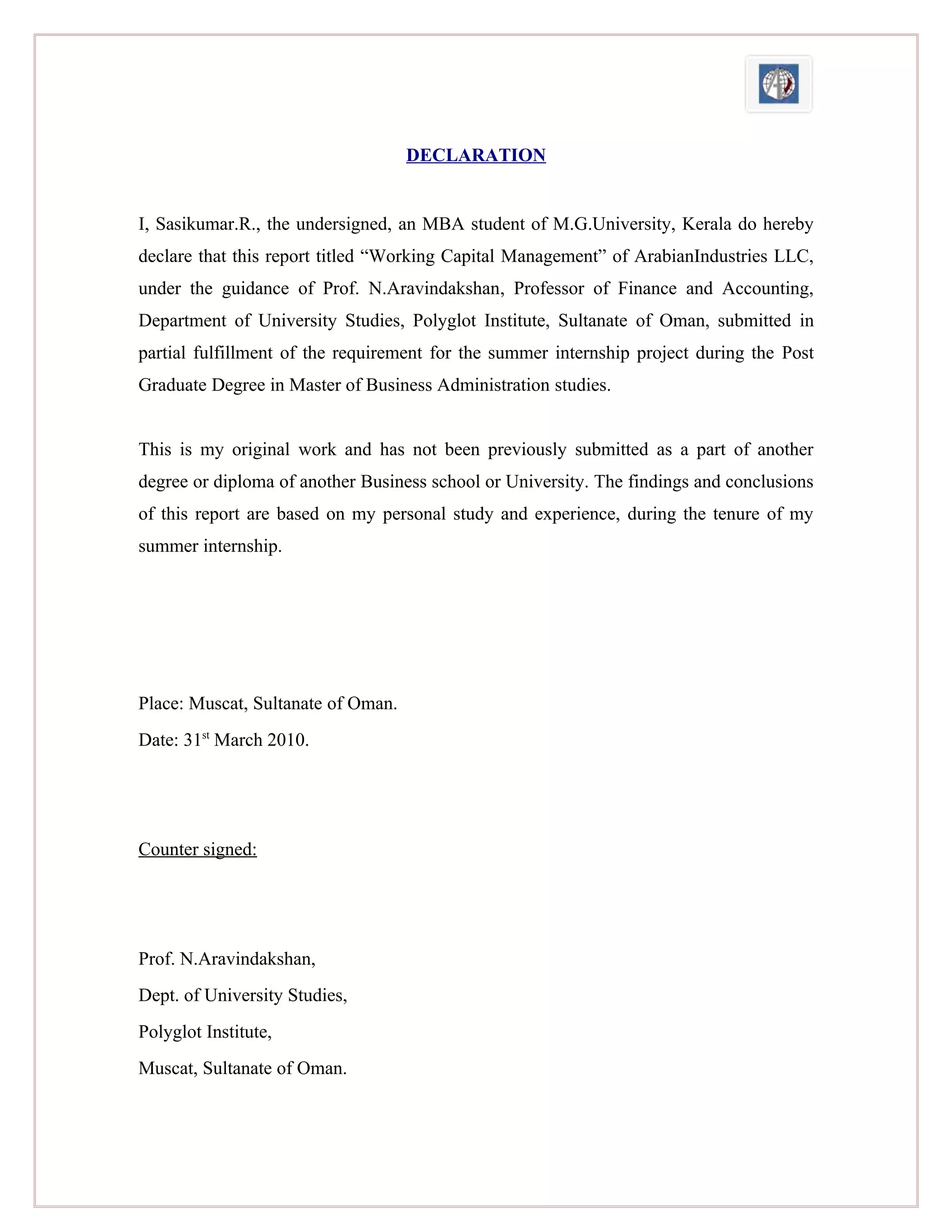 Working Capital-cover page - final project-ii | DOC