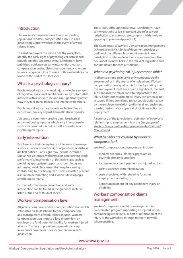 WORKERS’ COMPENSATION LEGISLATION AND PSYCHOLOGICAL INJURY FACT SHEET ...