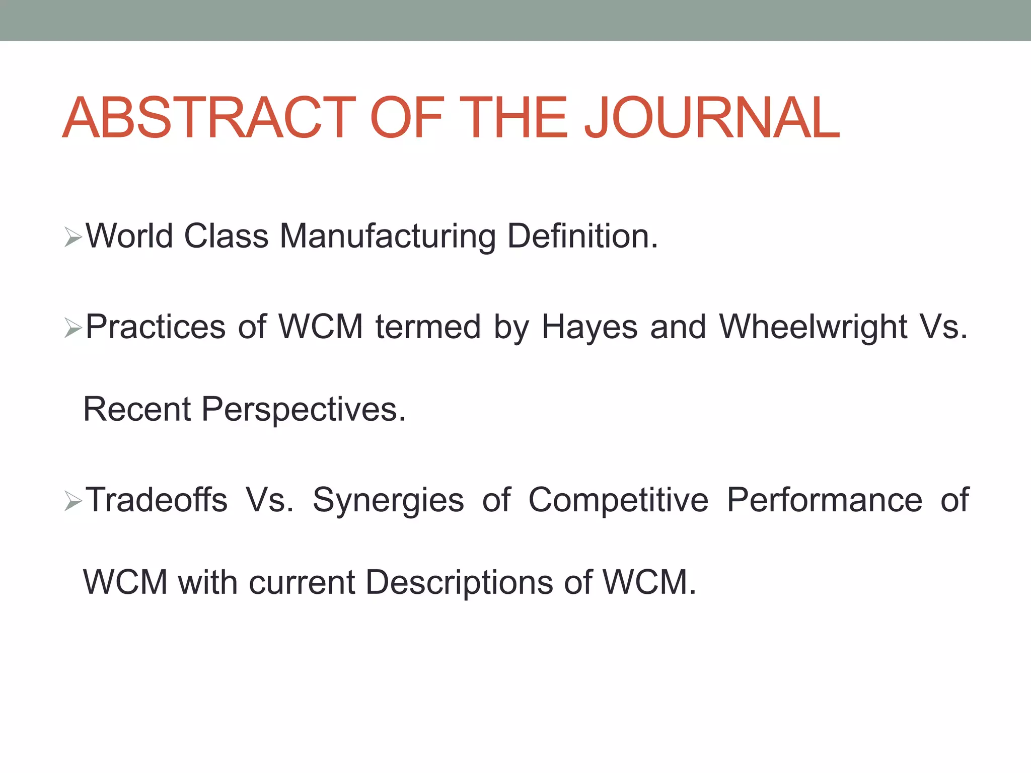 World Class Manufacturing - Analysis on Hayes and Wheelwright ...