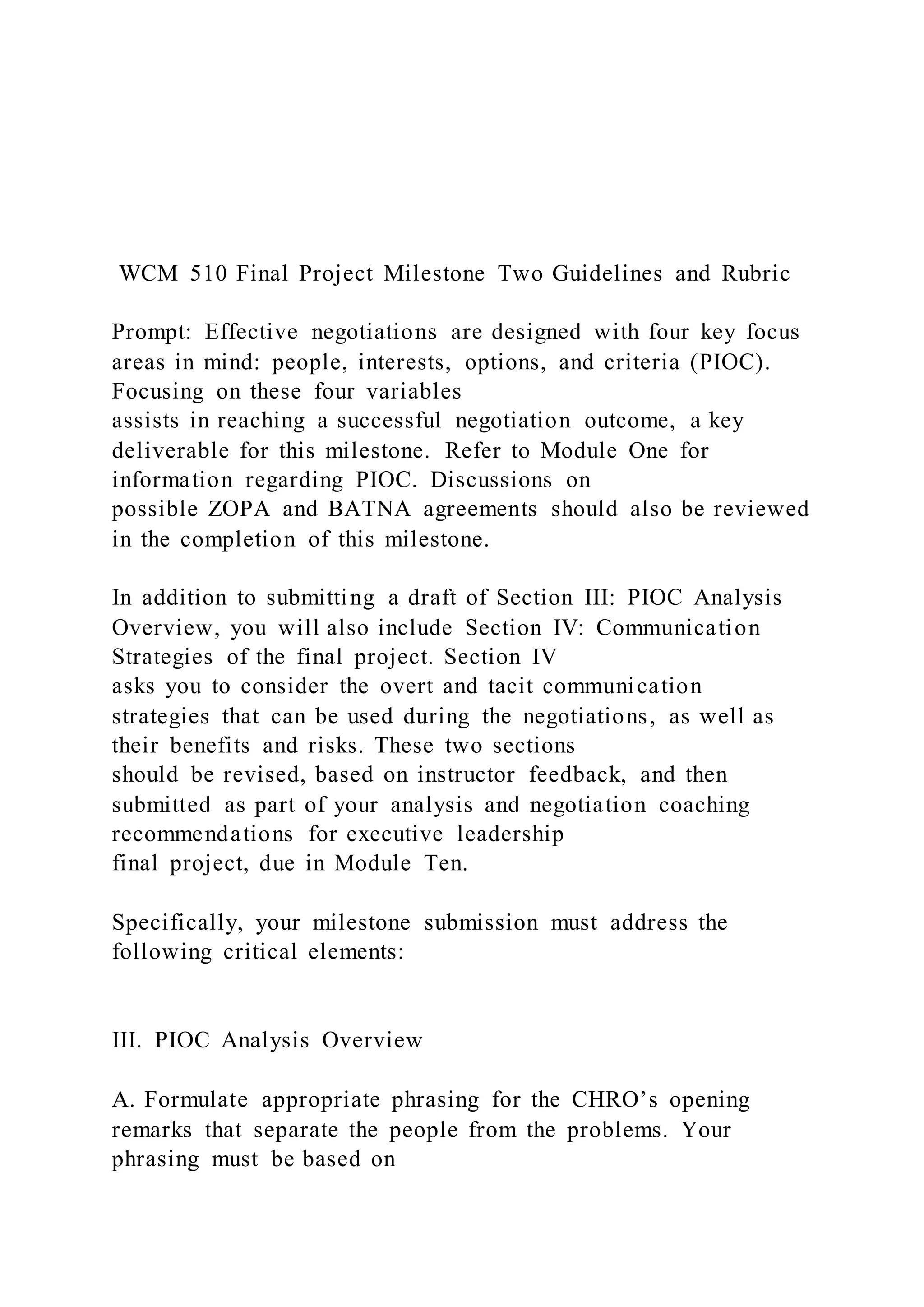 WCM 510 Final Project Milestone Two Guidelines and Rubric | DOCX