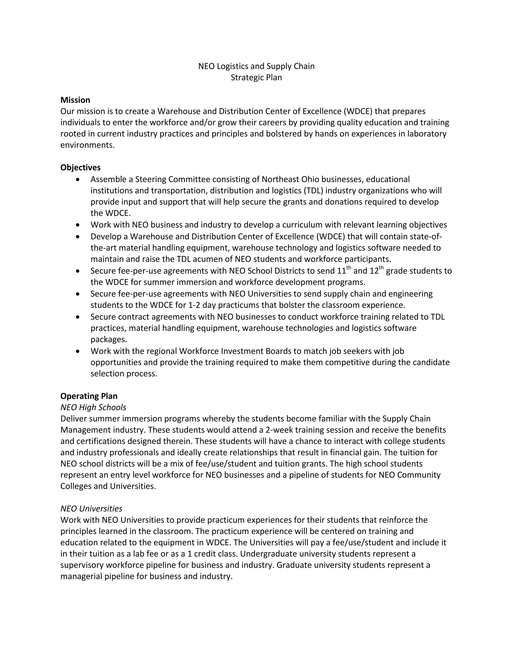 Warehouse and Distribution Center of Excellence Strategic Plan | PDF