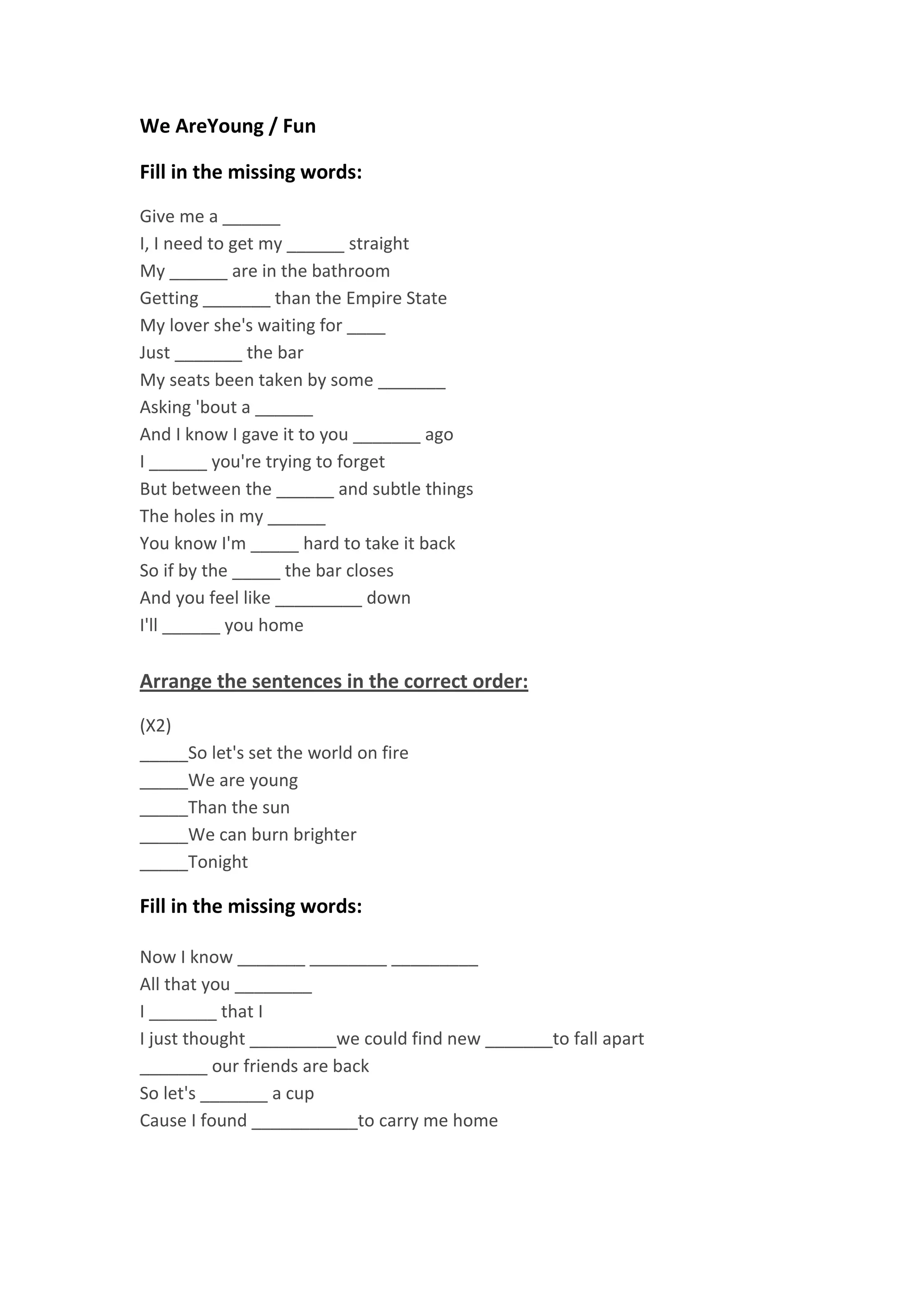 We are young song worksheet | DOC