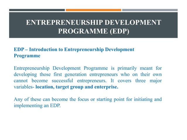 Entrepreneurship Development Programme (EDP) | PPTX | Business ...