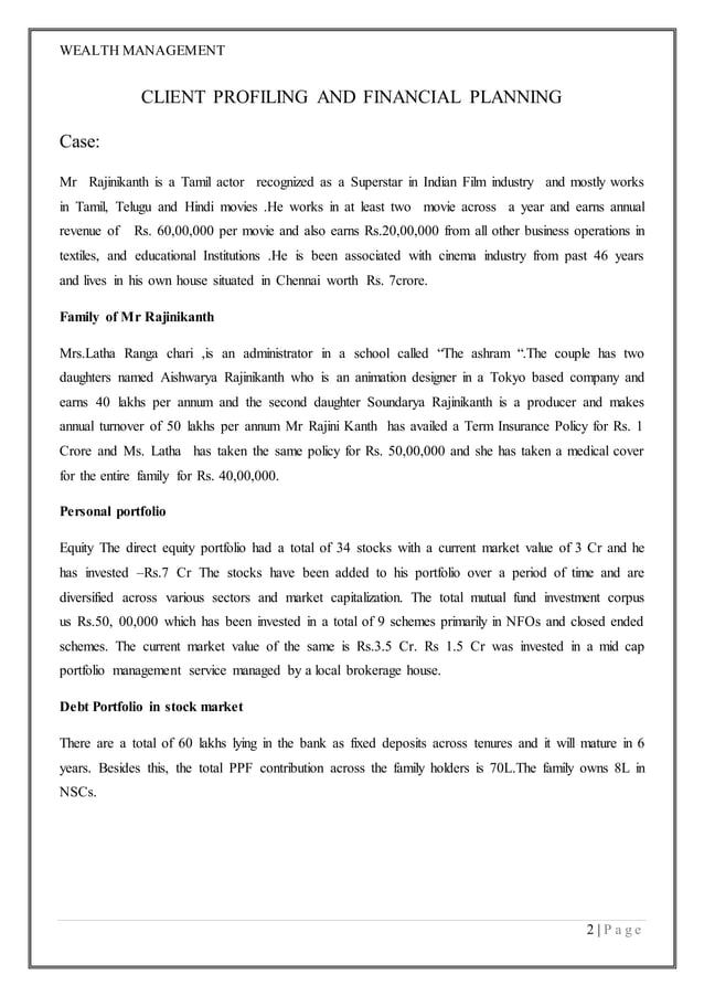 Wealth management :CLIENT PROFILING AND FINANCIAL PLANNING | DOCX