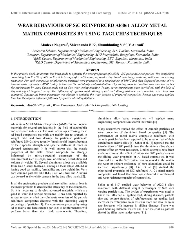 Wear Behaviour Of Si C Reinforced Al6061 Alloy Metal Matrix Composites By Using Taguchis