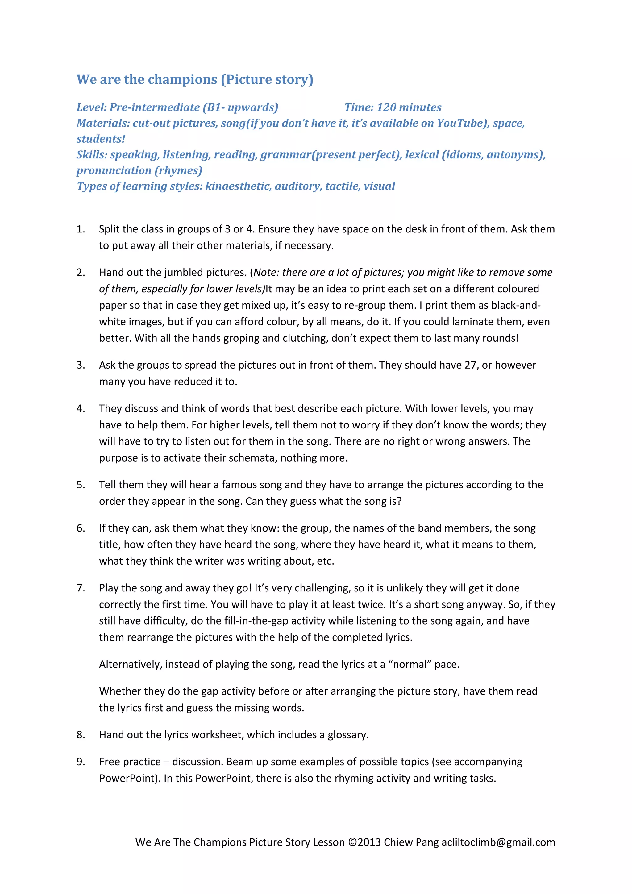 We are the champions lesson plan | DOCX