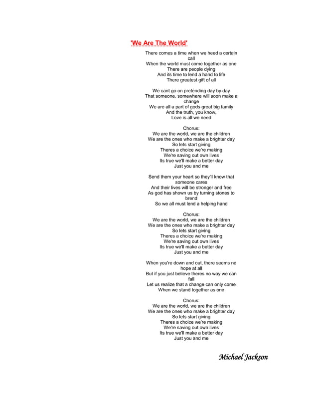 We are the world | DOCX | Music | Entertainment