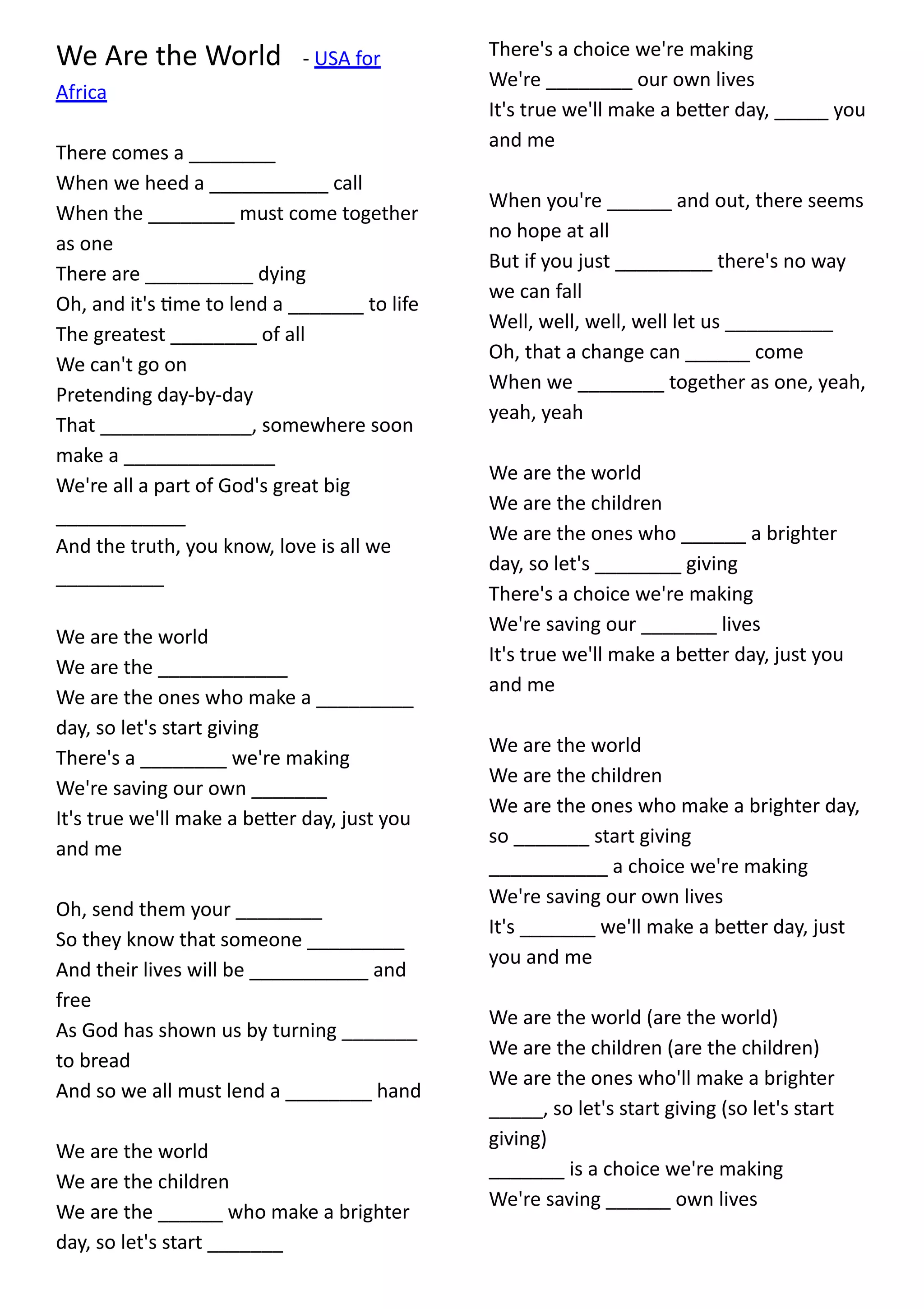 We are the world activities with answers | PDF