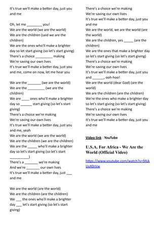 We are the world activities with answers | PDF