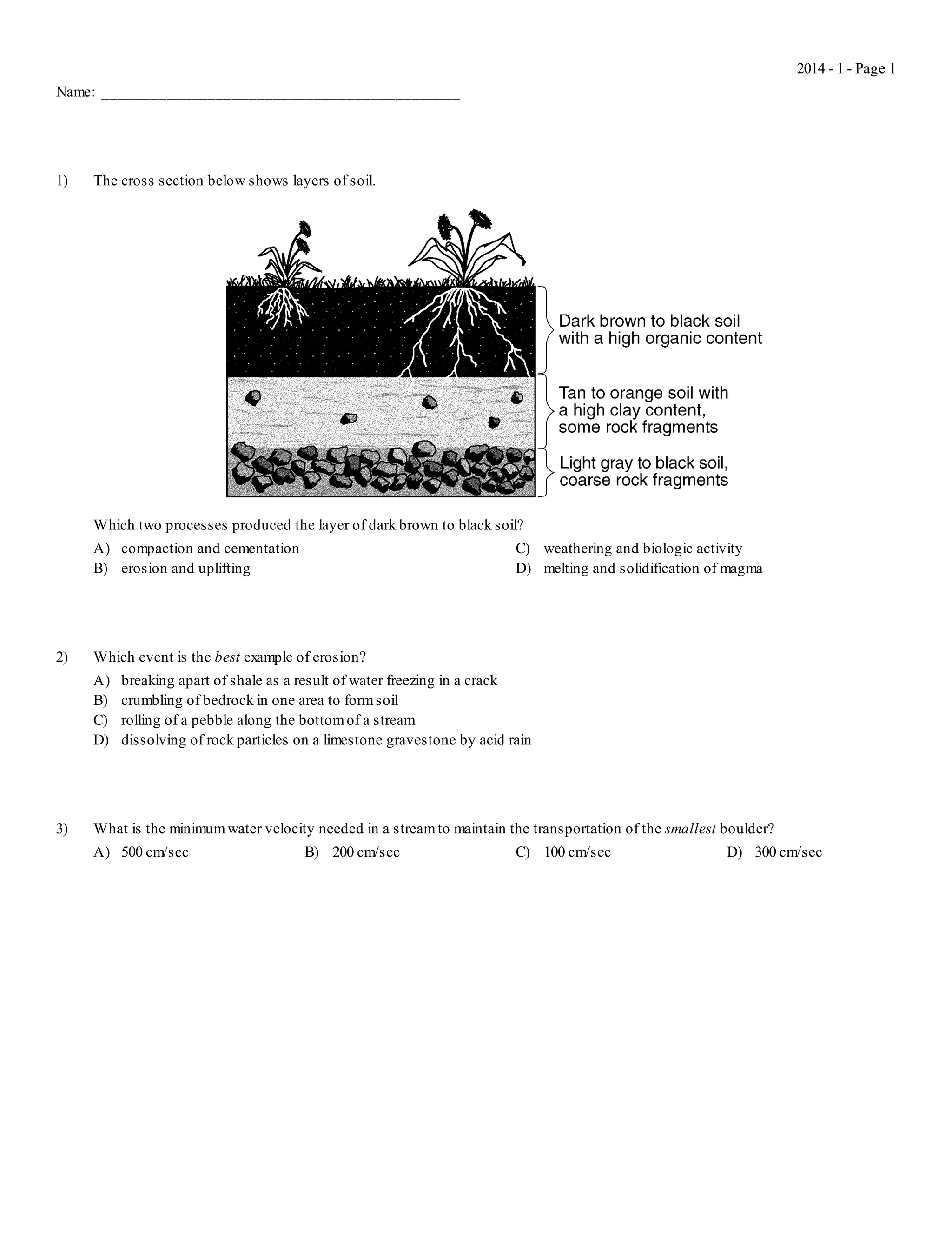 Weathering And Erosion Exam | PDF