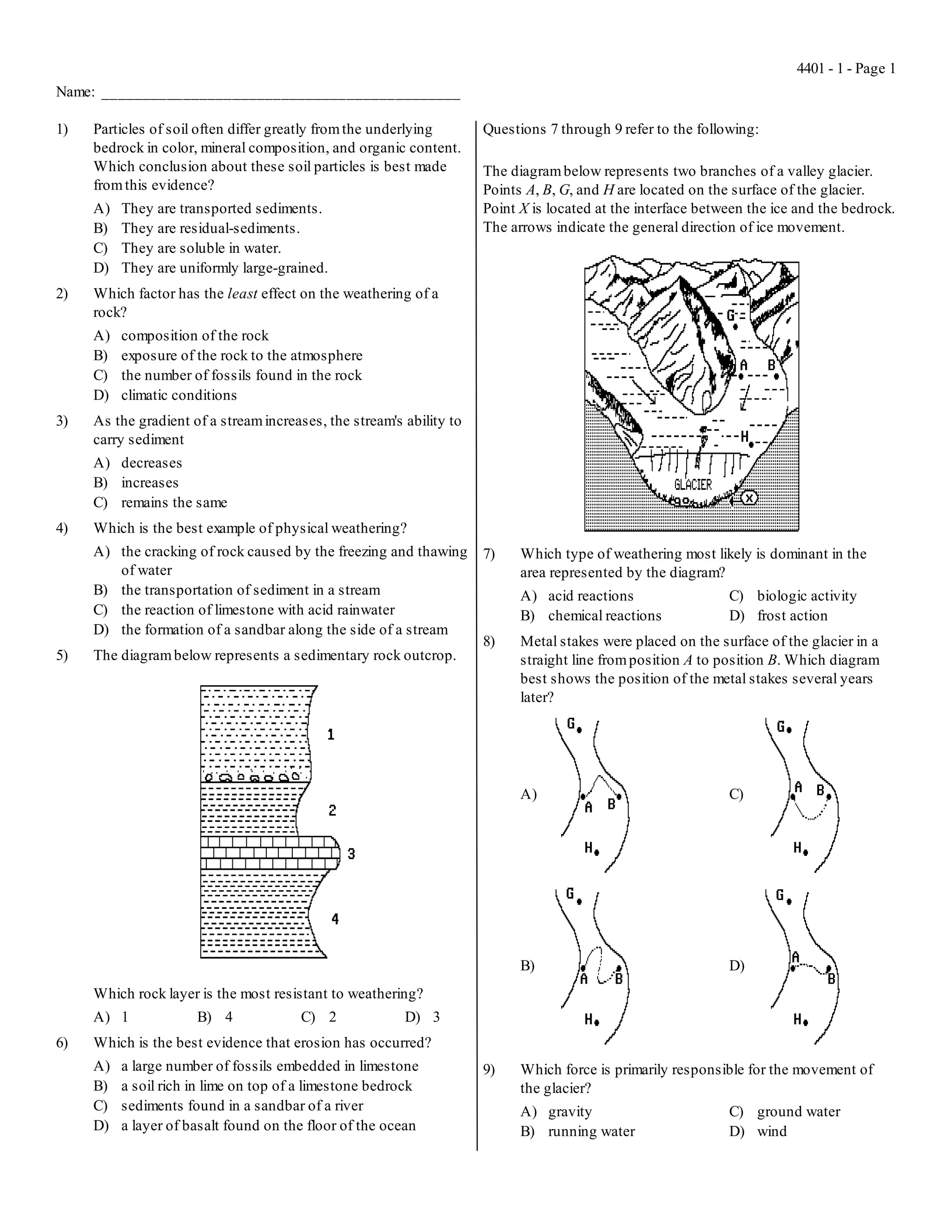 Weathering and erosion regents practice | PDF