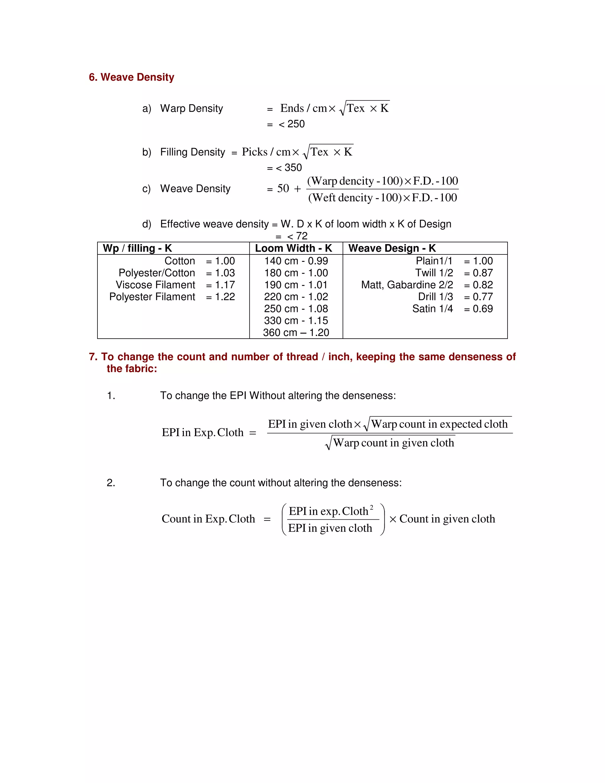 Weaving calculation | PDF