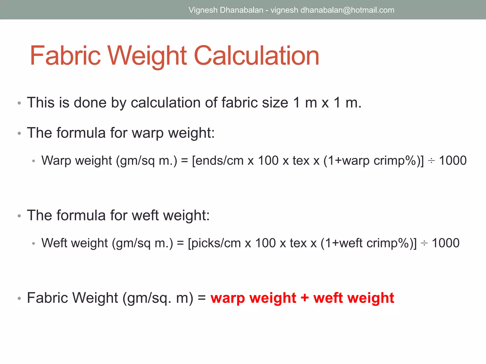 Weaving calculation by Vignesh Dhanabalan | PDF