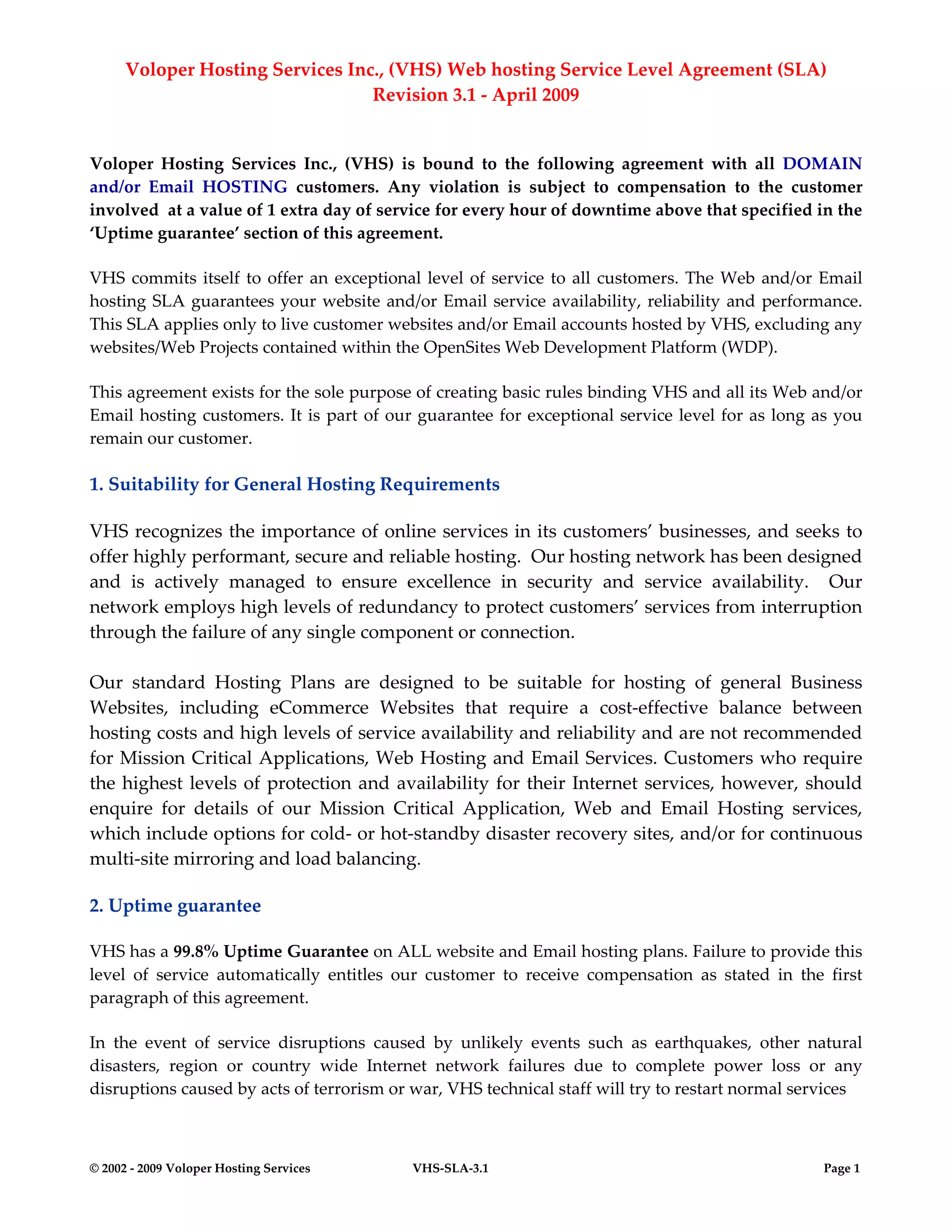 Web hosting Service Level Agreement (SLA) | PDF