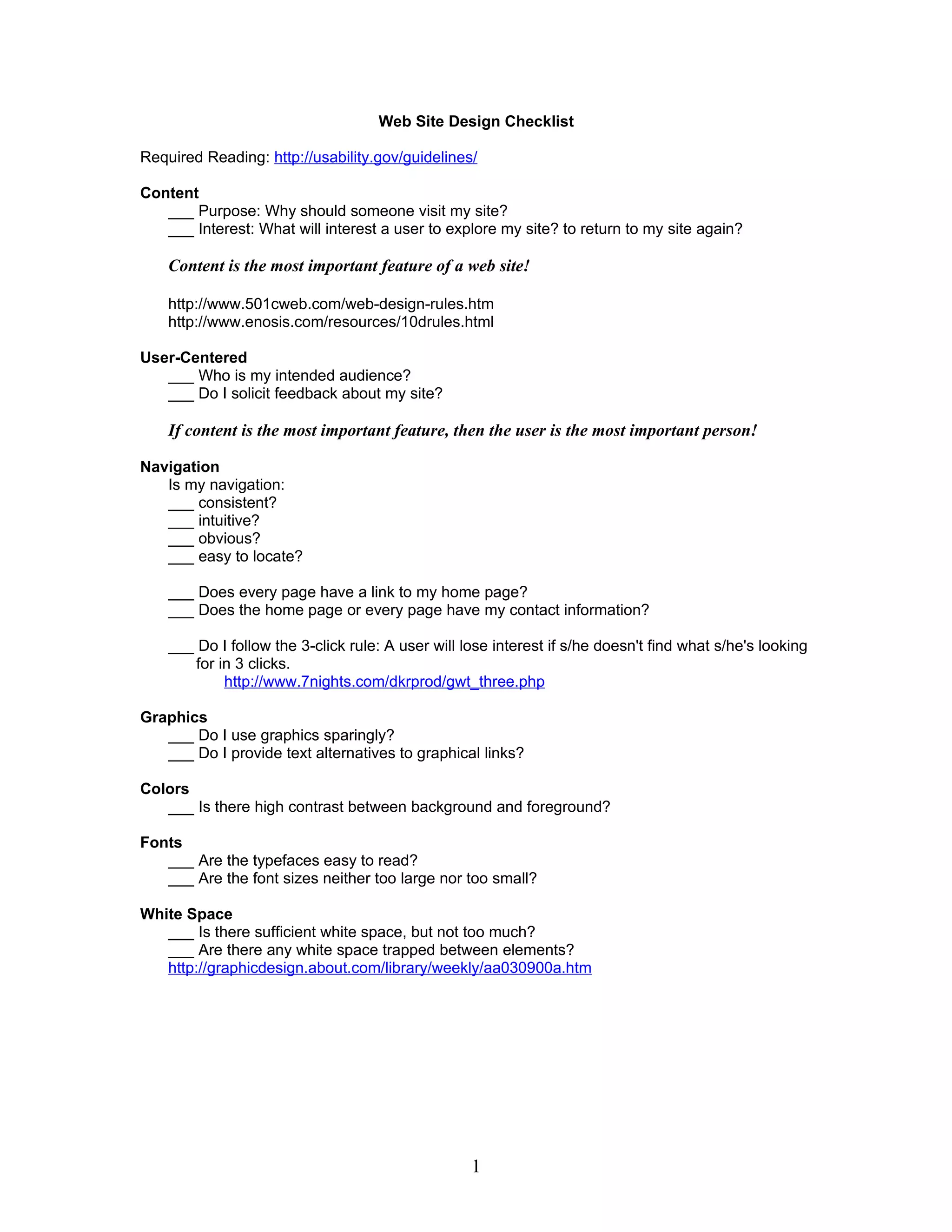 Web Site Design Checklist | DOC | Web Design and HTML | Internet