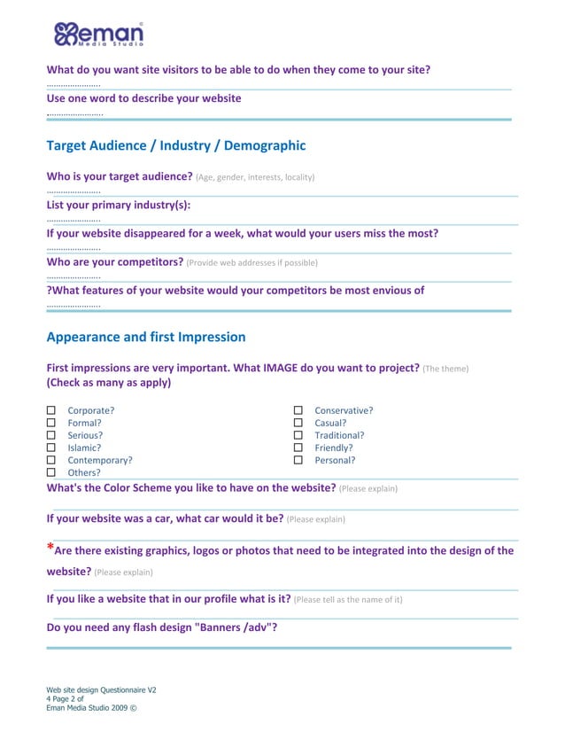 Web site design Questionnaire: | DOC
