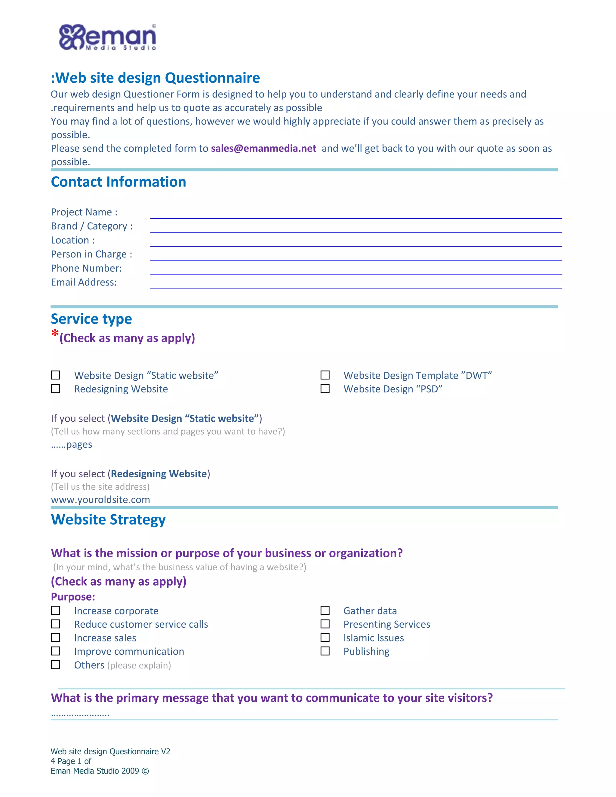 Web site design Questionnaire: | DOC