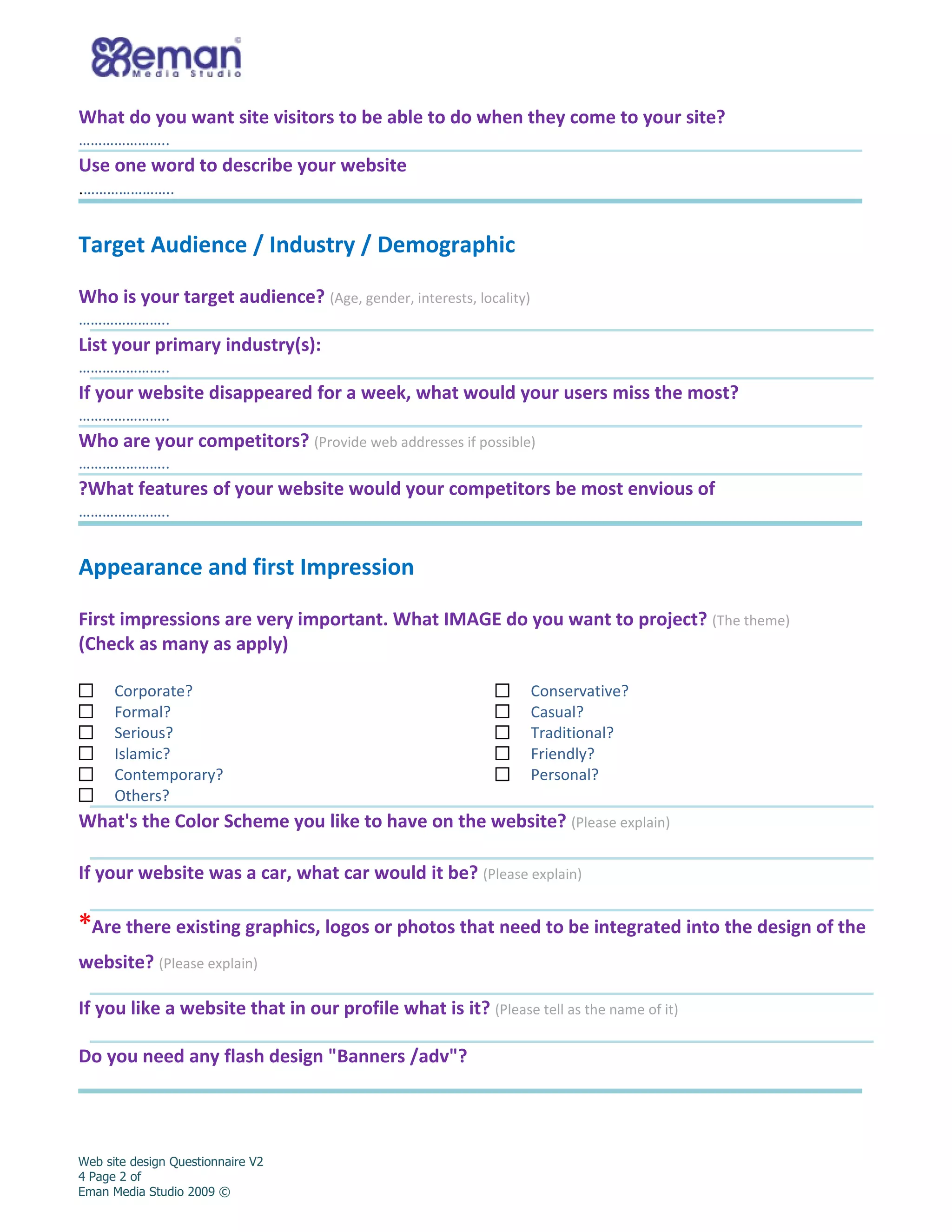 Web site design Questionnaire: | DOC