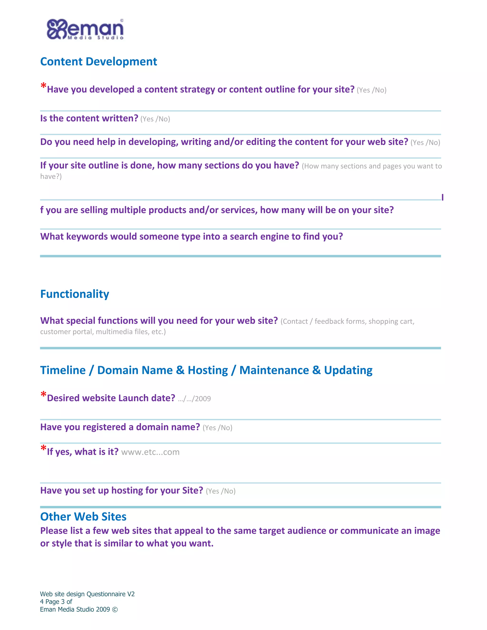 Web site design Questionnaire: | DOC