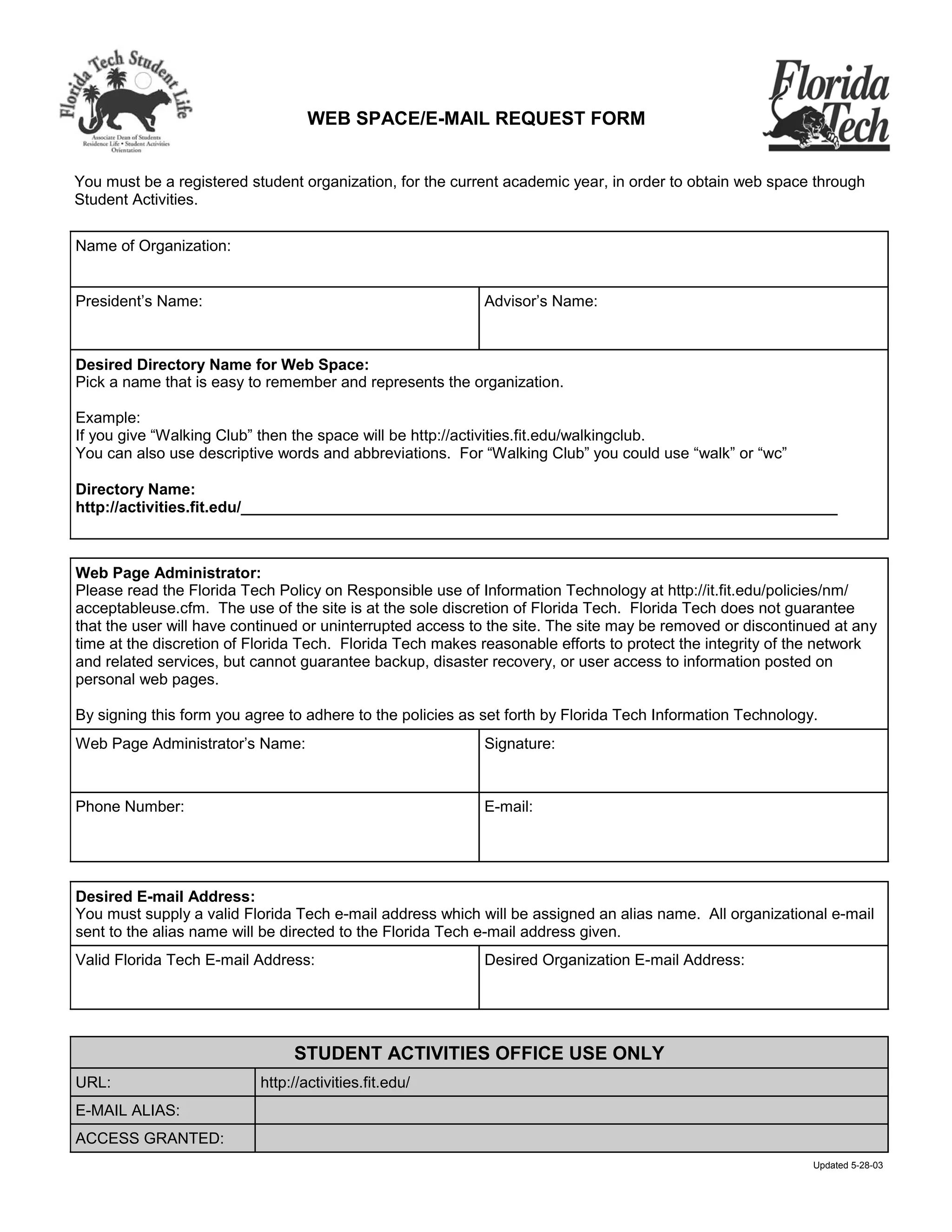 WEB SPACE/E-MAIL REQUEST FORM | PDF