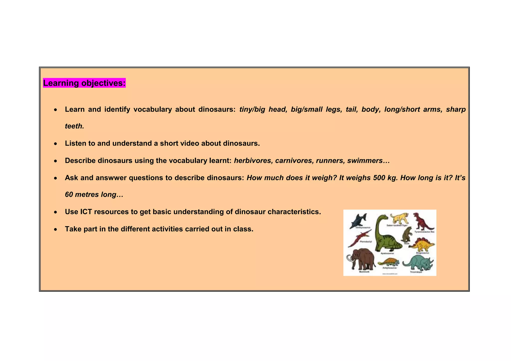 What do I know about dinosaurs? - English Lesson plan 4th grade | DOC