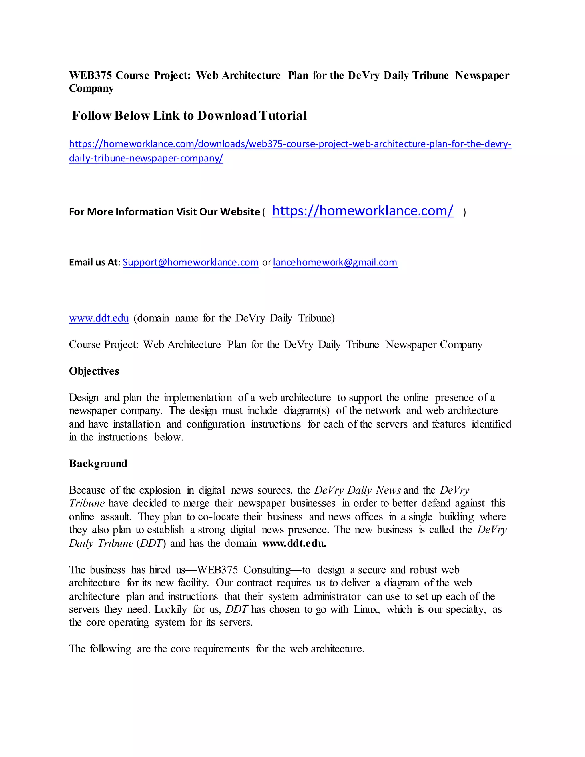Web375 course project web architecture plan for the de vry daily tribune newspaper company | DOCX