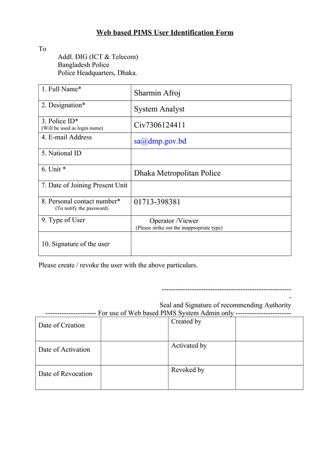 Web based pims user identification form | DOC