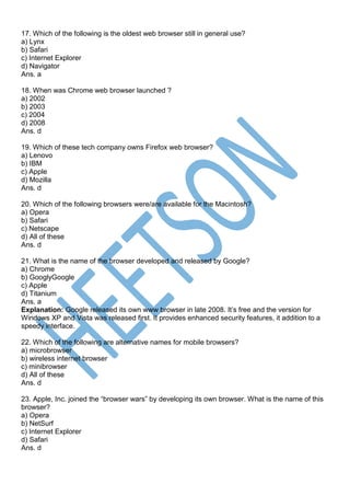 Web Browser MCQ Questions and Answers (WWW Internet) | PDF